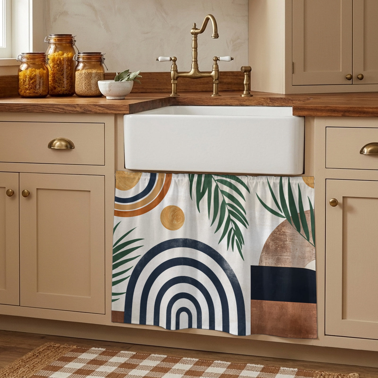 Abstract Boho Cabinet Curtains 28"W x 35"L, Bohemian Palm Leaf ...