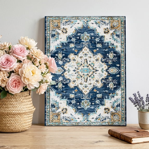 Abstract Boho Canvas Wall Art for Living Room, Vintage Deep Blue Beige ...