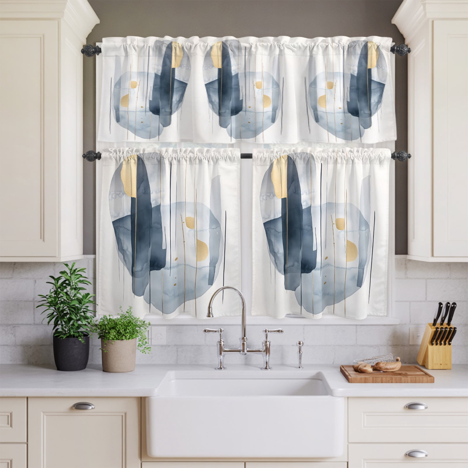 Abstract Boho Color Block Curtain Tier and Valance Set 3 Piece,Modern ...