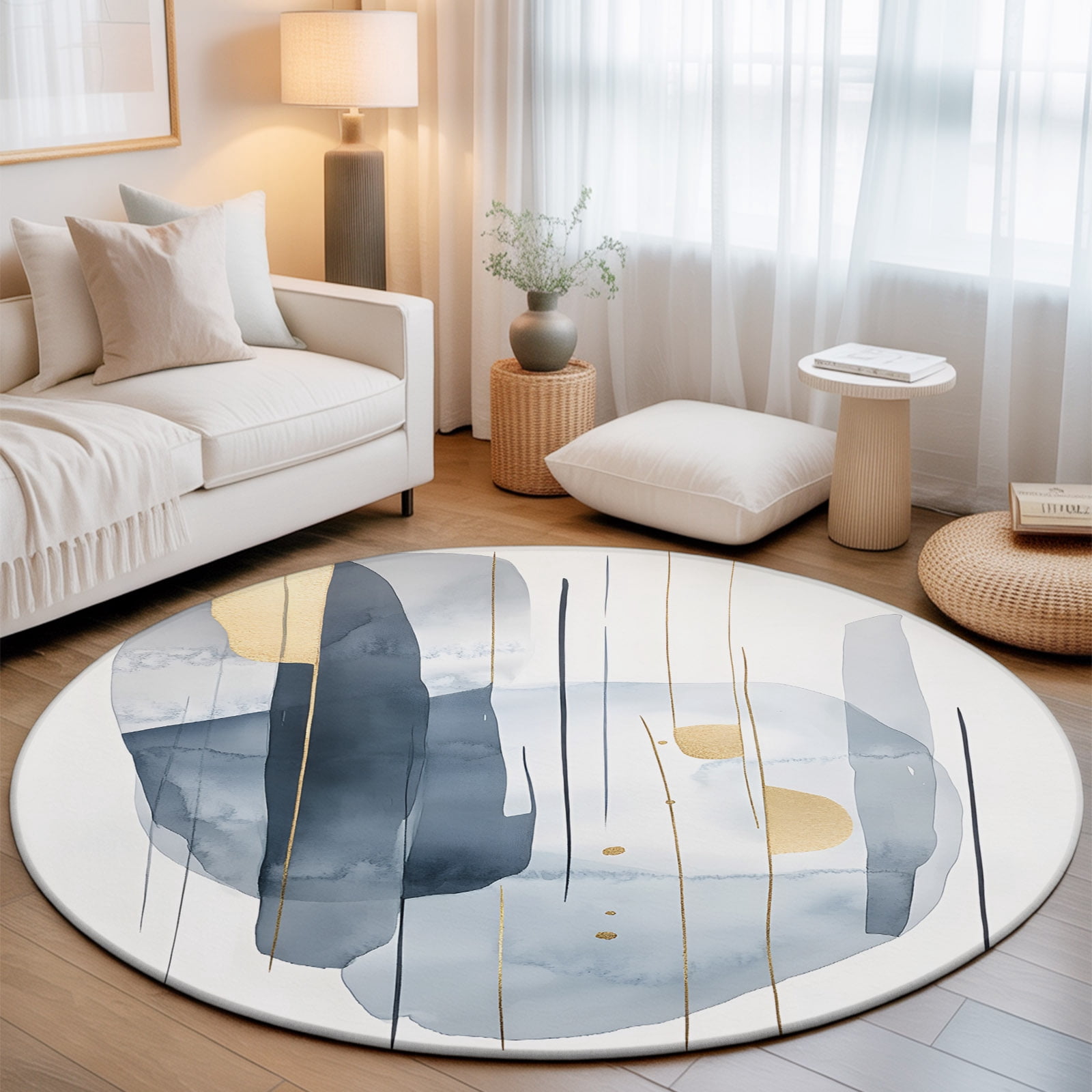 Abstract Boho Color Block Round Rug 5ft Modern Minimalist Art Washable ...