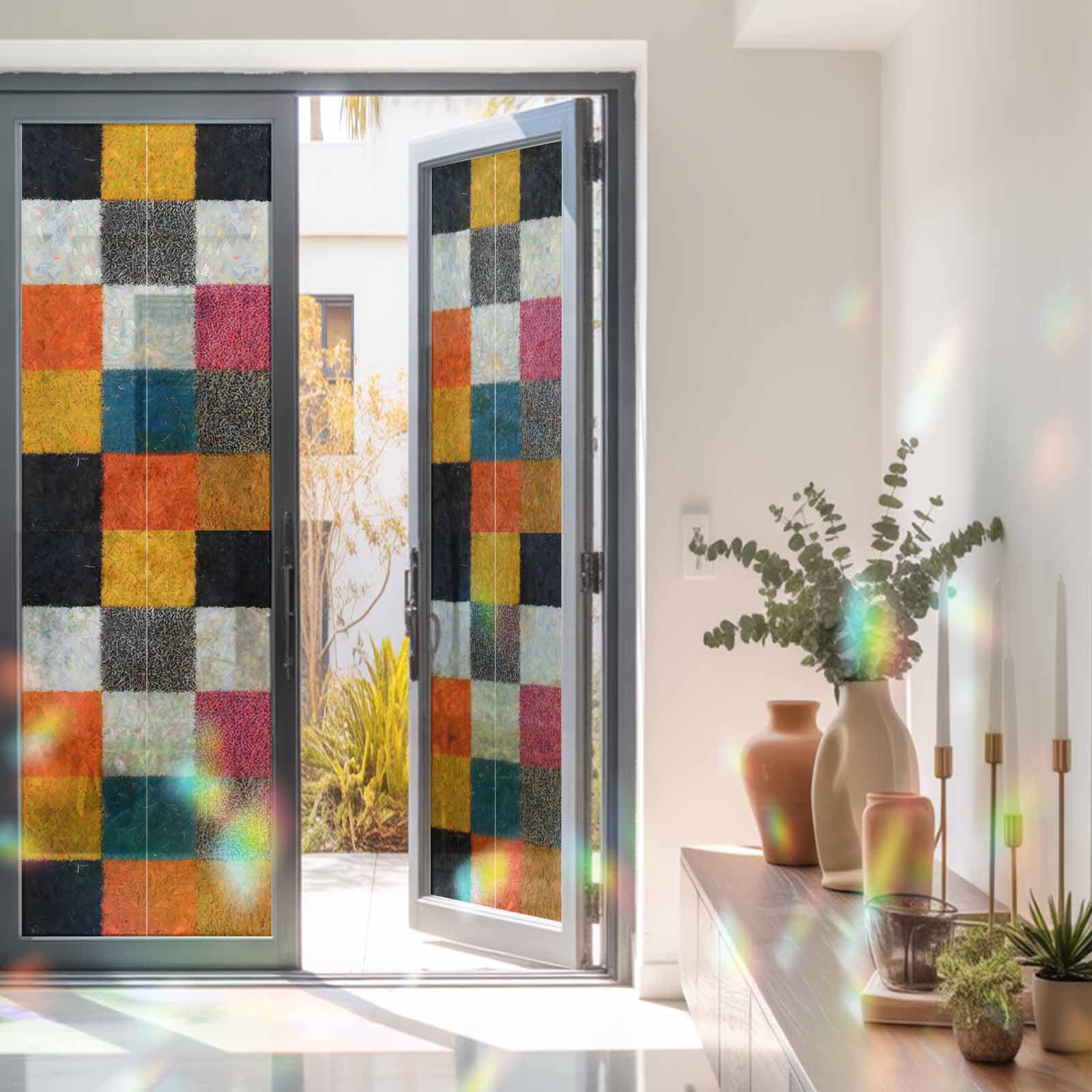 Abstract Boho Colorful Plaid Window Privacy Film, Rainbow Film ...