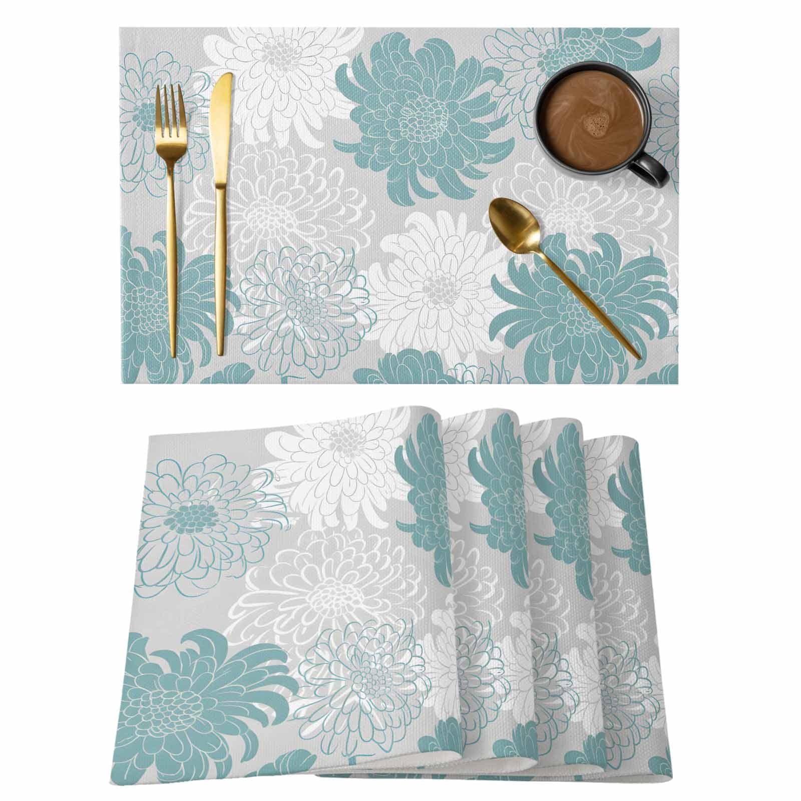 Abstract Boho Cotton Linen Placemats Set of 4, Floral Grey Green ...