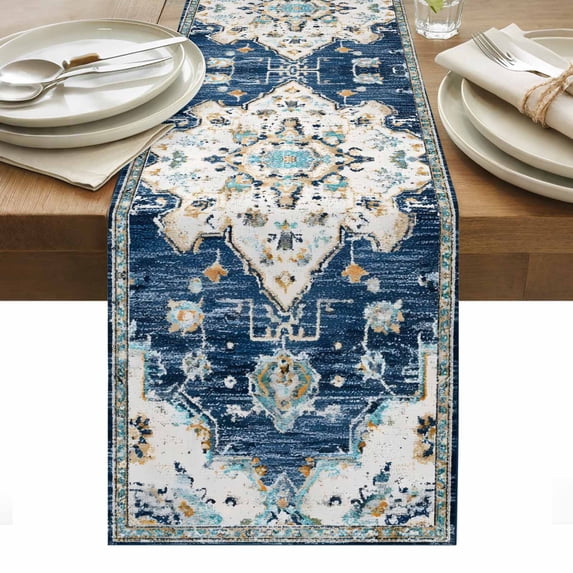 Abstract Boho Cotton Linen Table Runner Vintage Deep Blue Beige ...