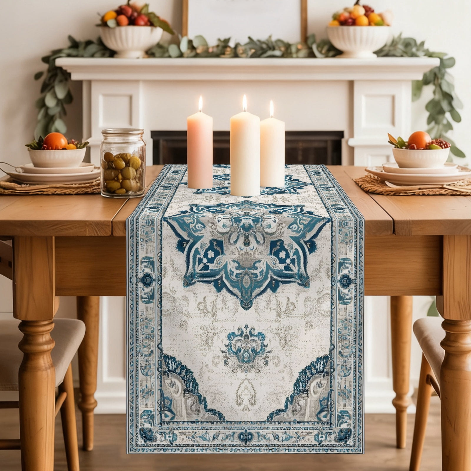 Abstract Boho Dining Table Runner, Vintage Blue Beige Botanical Texture ...