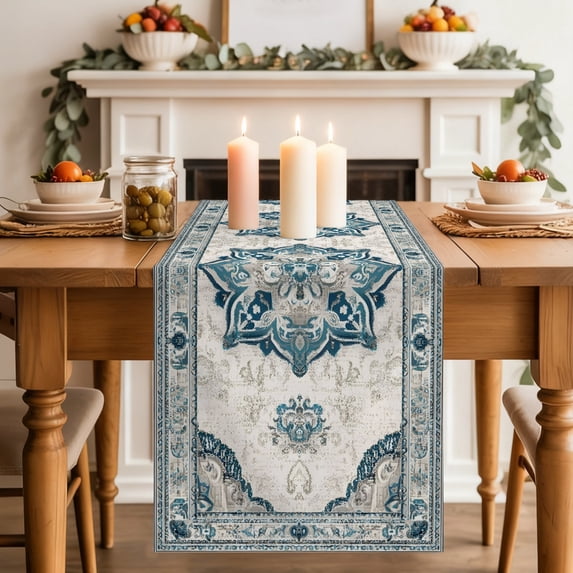 Abstract Boho Dining Table Runner, Vintage Blue Beige Botanical Texture ...