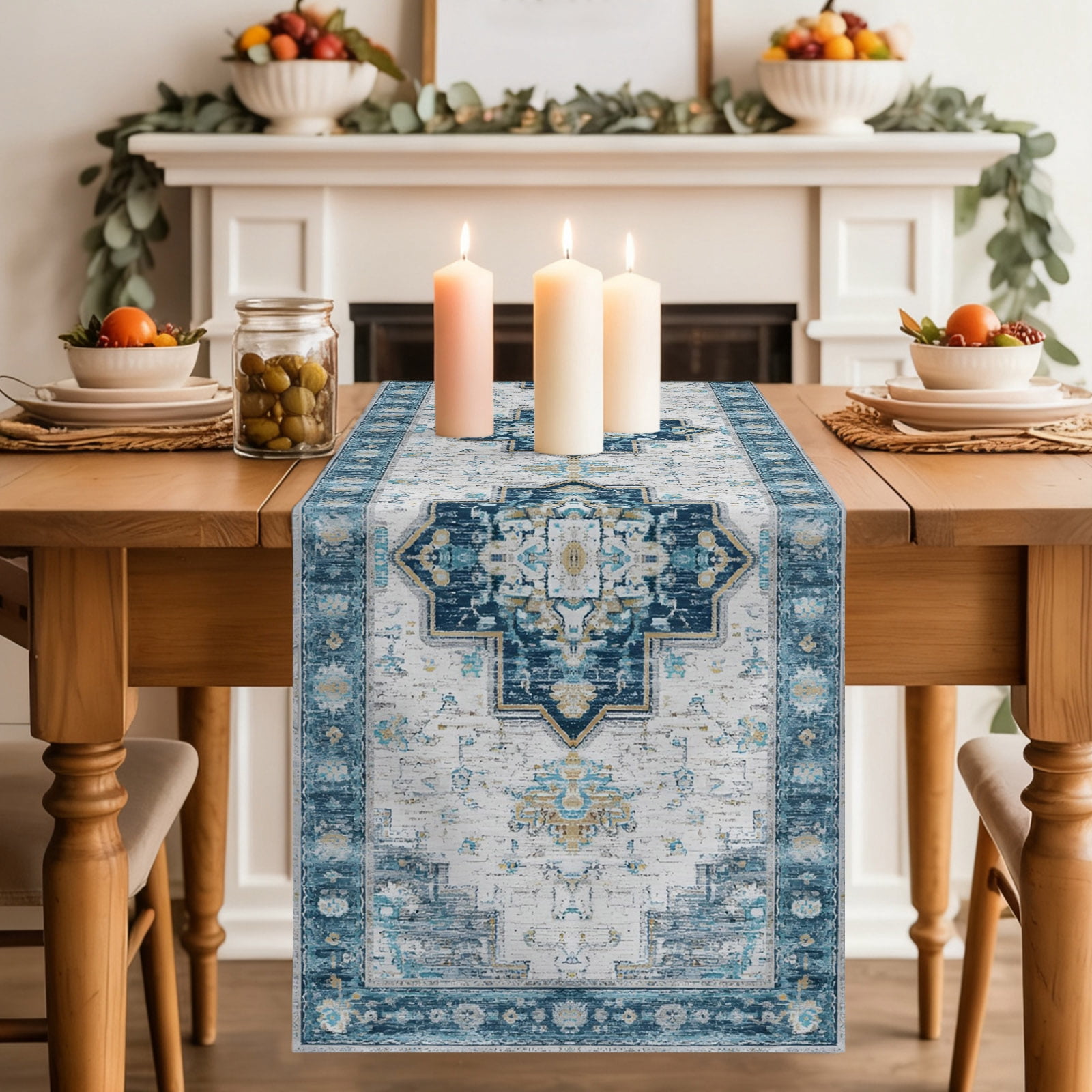 Abstract Boho Dining Table Runner, Vintage Blue White Botanical Texture ...