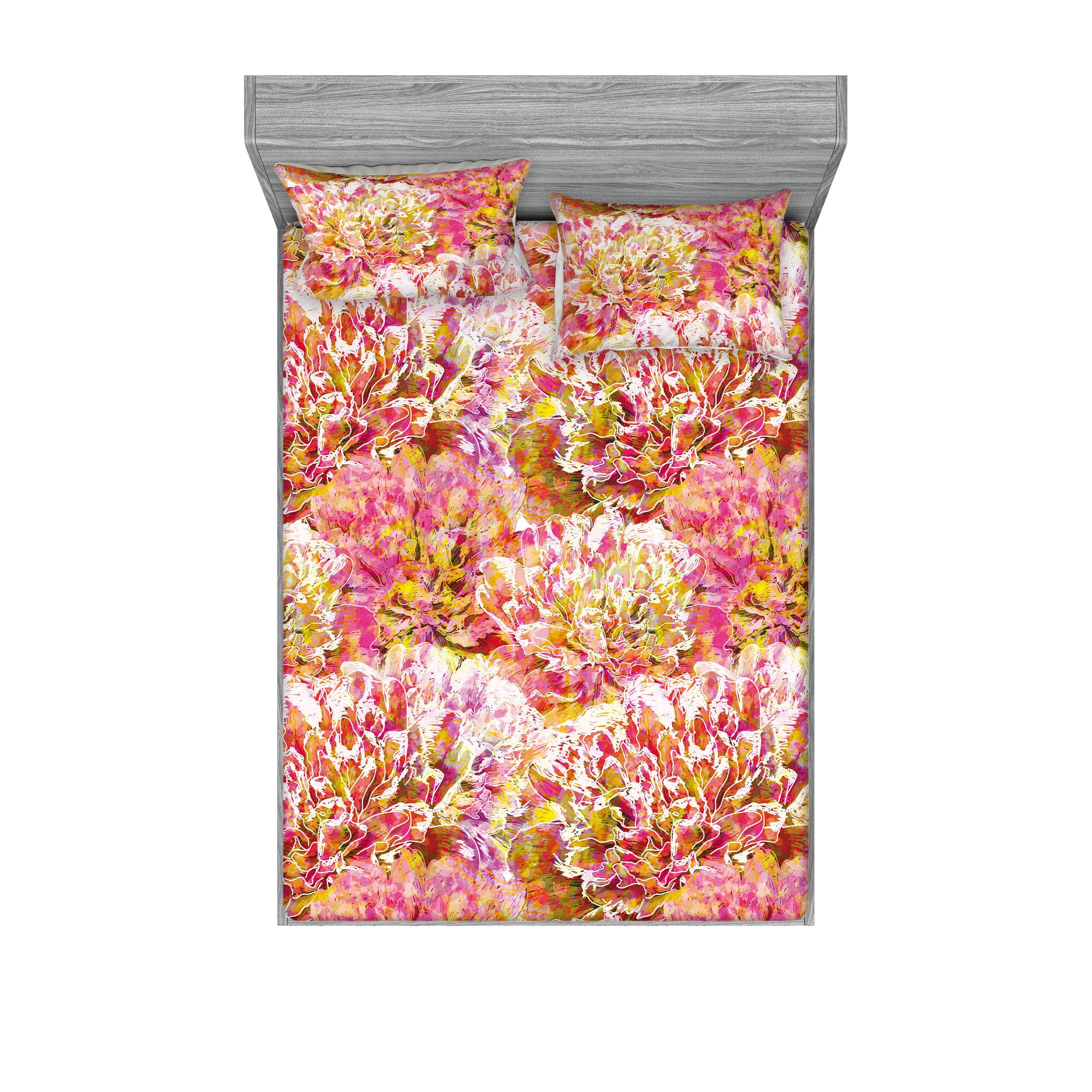 Abstract Boho Fitted Sheet & Pillow Sham Set, Watercolor Design Peony ...