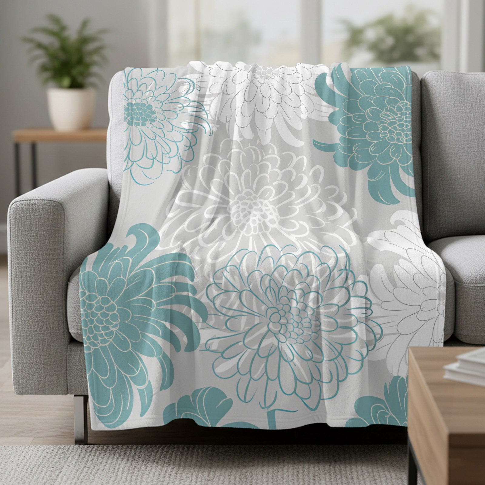 Abstract Boho Fleece Throw Blanket Floral Grey Green Pastoral Botanical ...