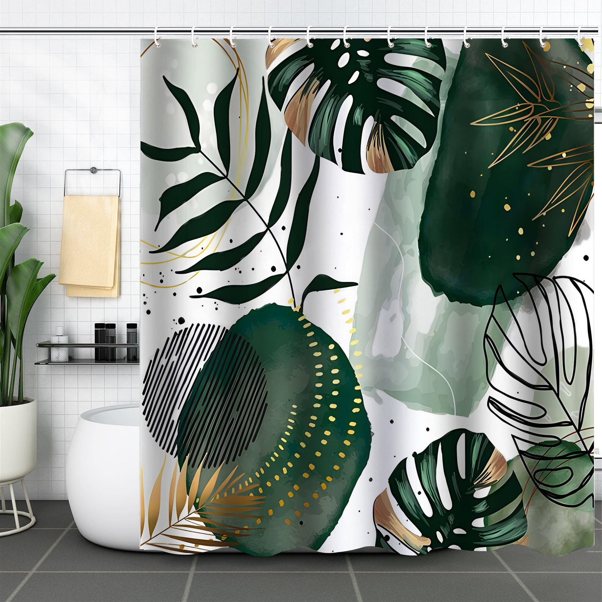 Abstract Boho Floral Shower Curtain, Tropical Leaves Fabric Cloth ...