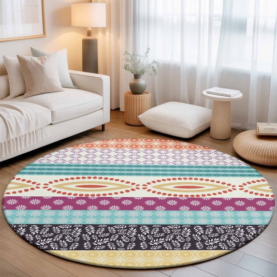 Abstract Boho Flower Leaf Round Rug 5ft Traditional Ethnic Stripe Plaid ...