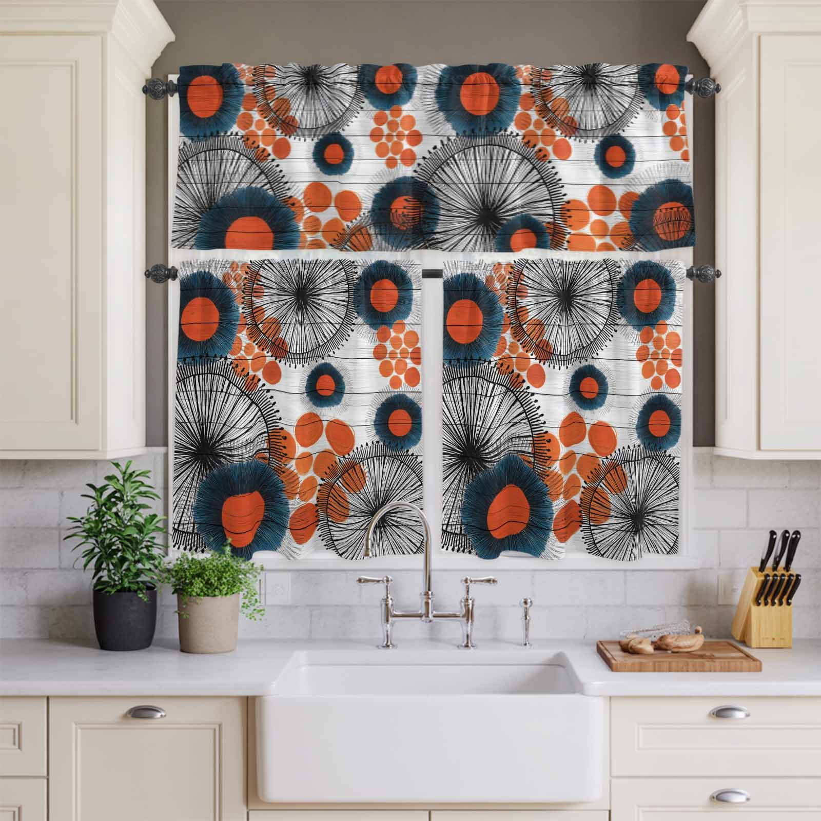 Abstract Boho Flower Orange Color Block Curtain Tier and Valance Set 3 ...