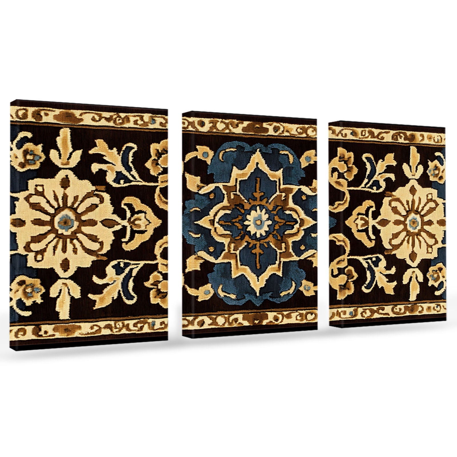 Abstract Boho Flower Pattern Brown Canvas Wall Art 3 Panels, Yellow ...
