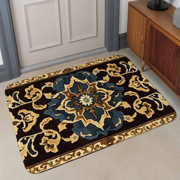 Abstract Boho Flower Pattern Brown Front Door Mat Indoor Entrance ...