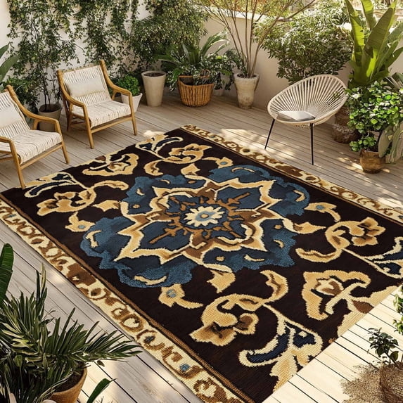 Abstract Boho Flower Pattern Brown Outdoor Rug, Yellow Blue Rustic ...