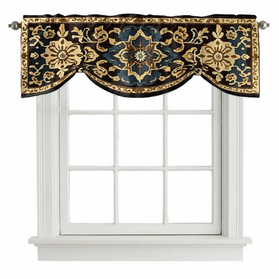 Abstract Boho Flower Pattern Brown Tie Up Valances Curtain, Yellow Blue ...