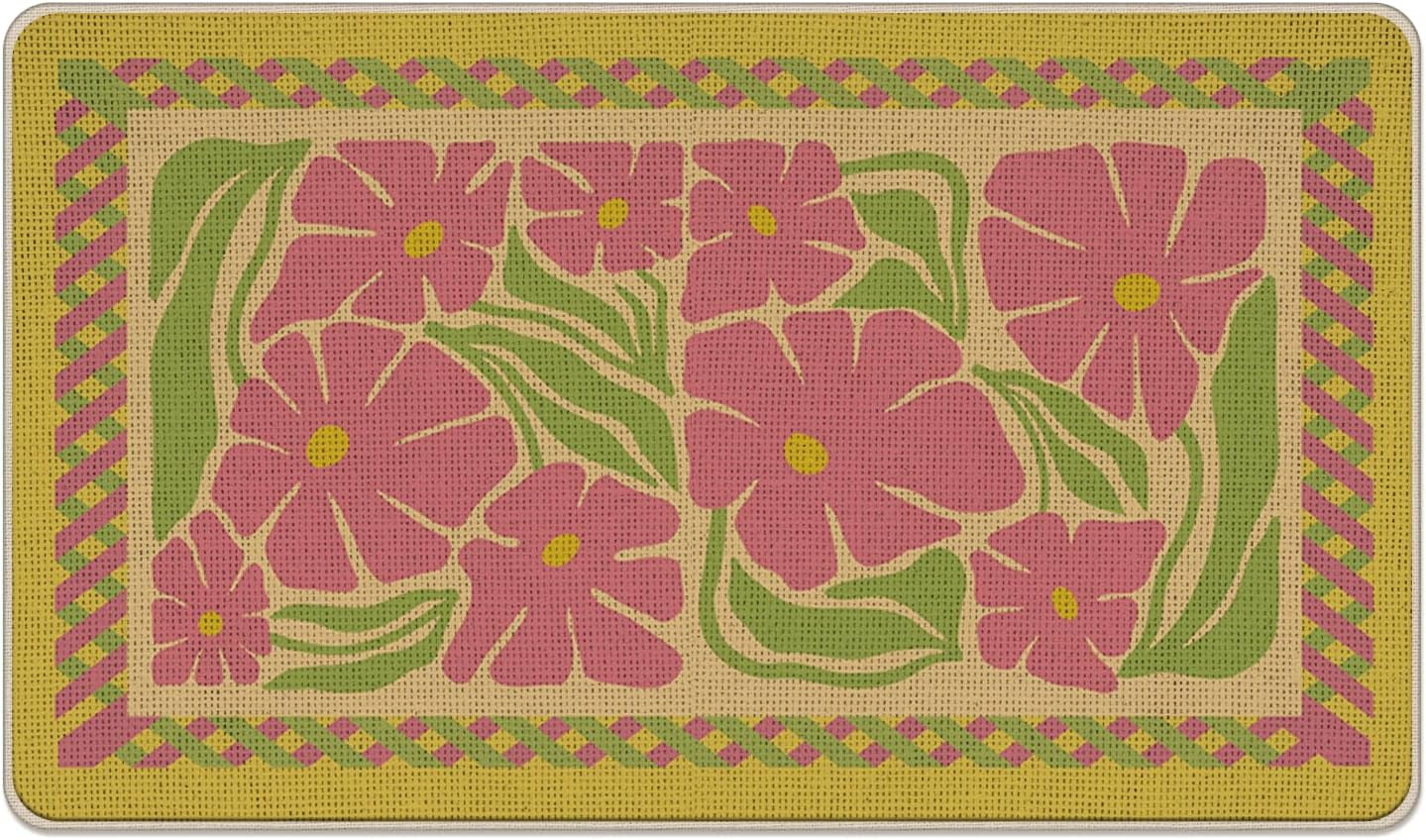 Abstract Boho Flower Welcome Front Door Mat, Vintage Groovy Pink Floral ...