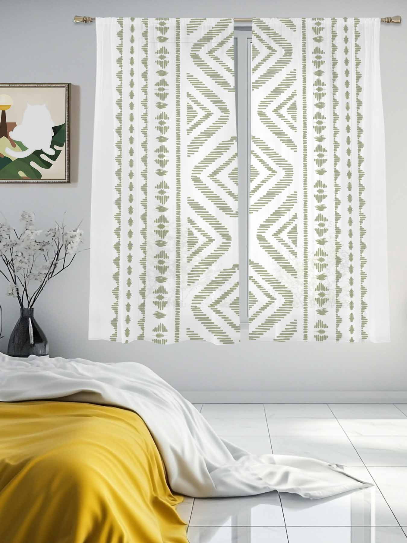 Abstract Boho Geometric Art Chiffon Sheer Curtains 63 Inches Long White ...