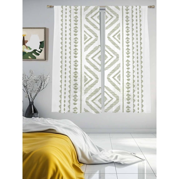 Abstract Boho Geometric Art Chiffon Sheer Curtains 63 Inches Long White ...