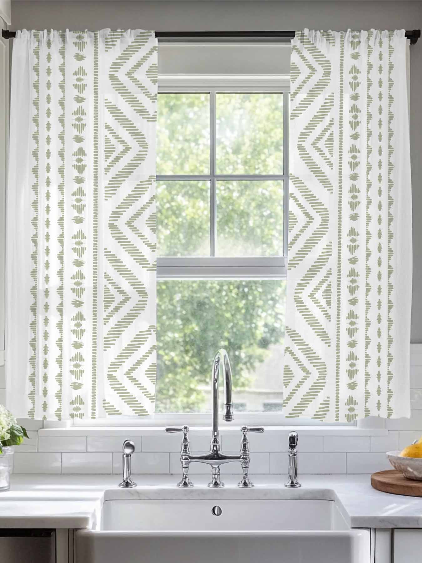 Abstract Boho Geometric Art Chiffon Sheer Curtains 72 Inches Long White ...