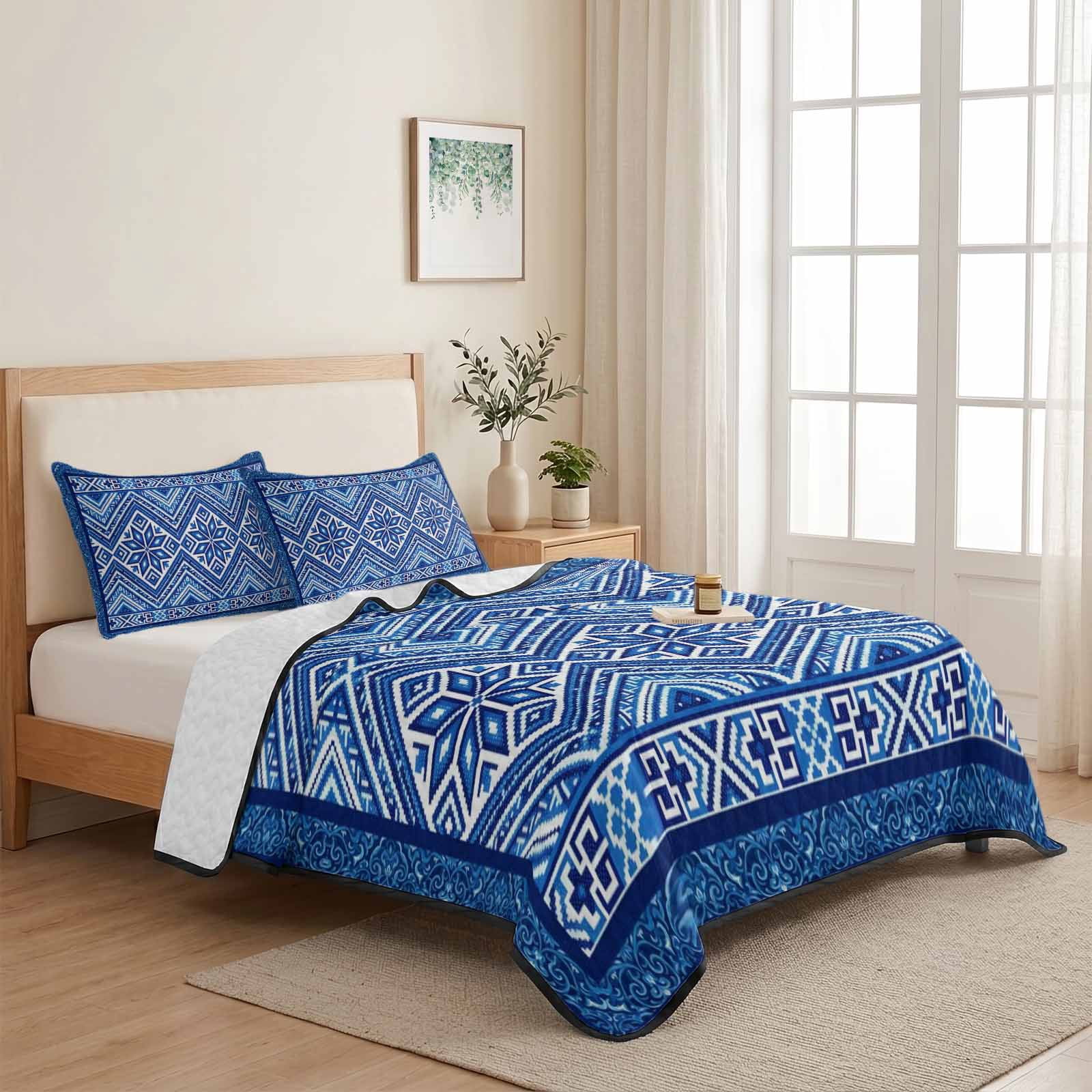 Abstract Boho Geometric Blue 3 Pieces Quilt Set,1 Quilt with 2 Shams ...