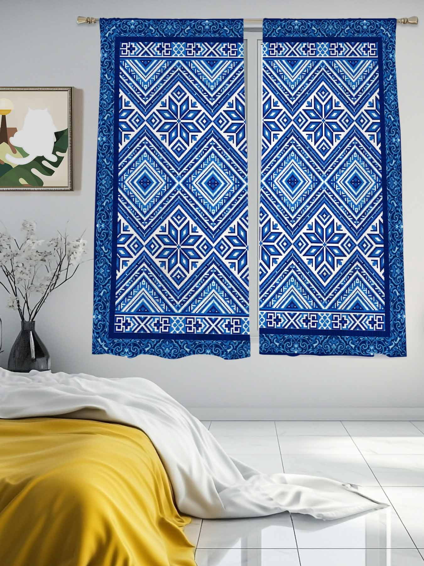 Abstract Boho Geometric Blue Chiffon Sheer Curtains 63 Inches Long ...
