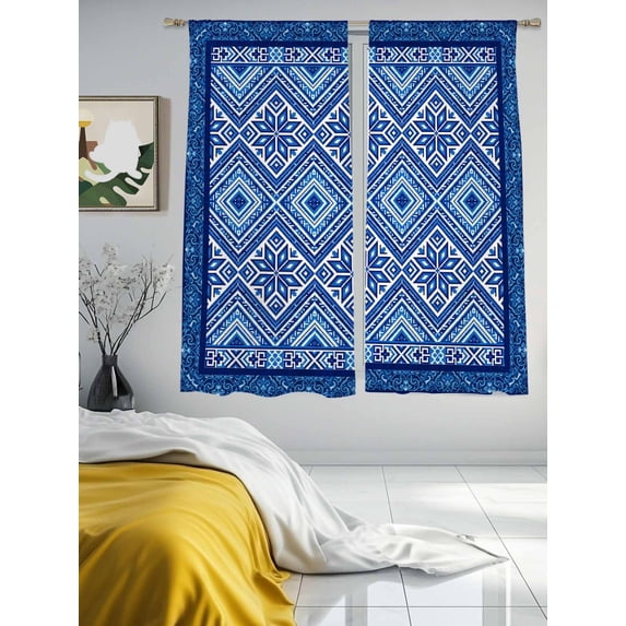 Abstract Boho Geometric Blue Chiffon Sheer Curtains 63 Inches Long ...