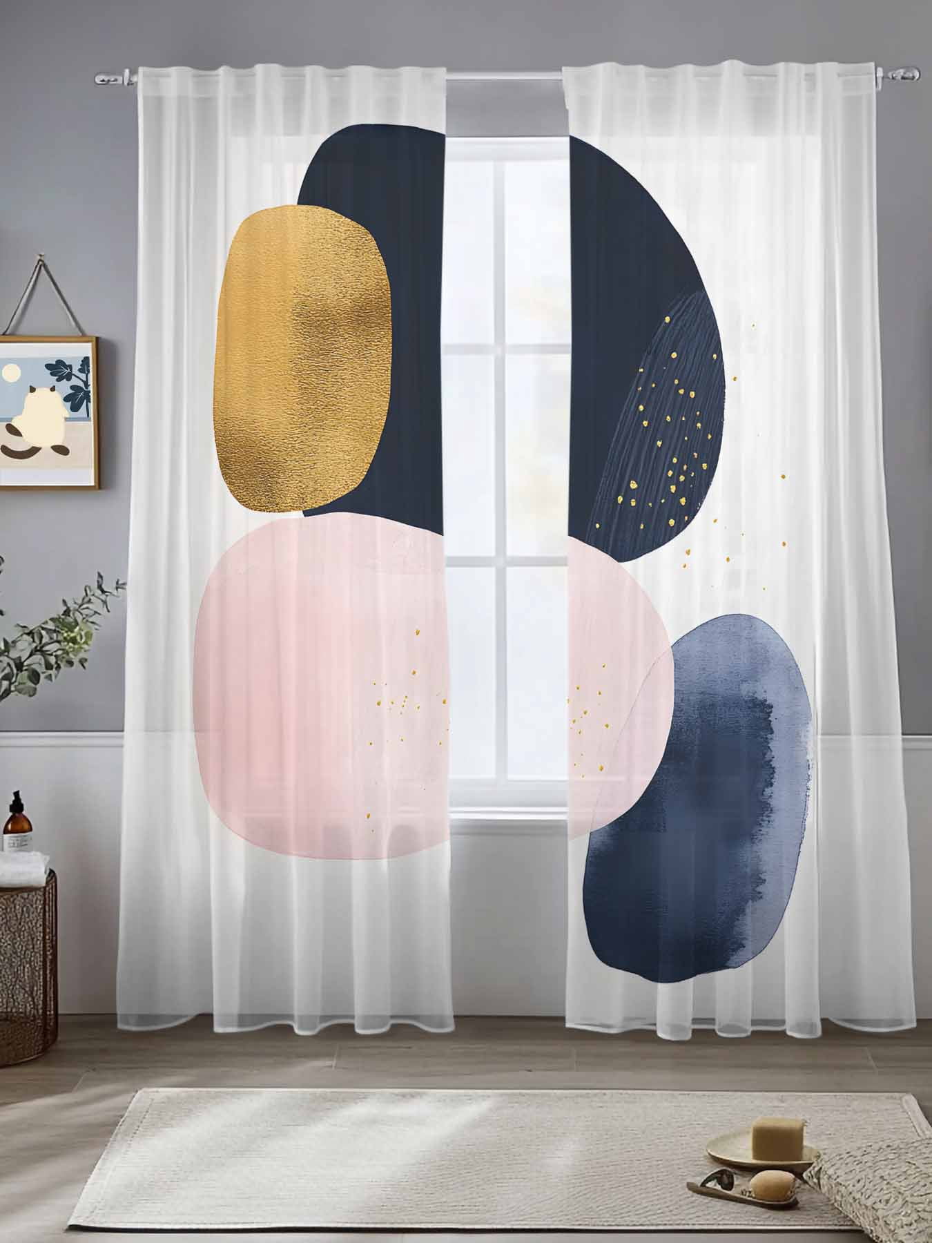 Abstract Boho Geometric Chiffon Sheer Curtains 84 Inches Long Modern ...