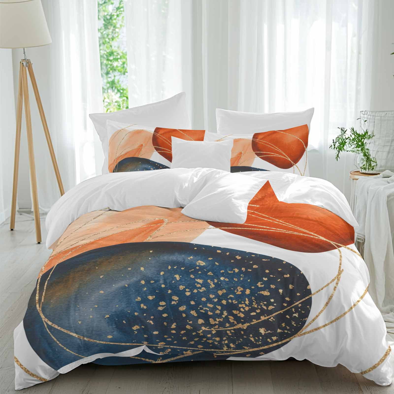 Abstract Boho Geometric Line Queen Size Bed Set,Ombre Navy Blue Burnt ...