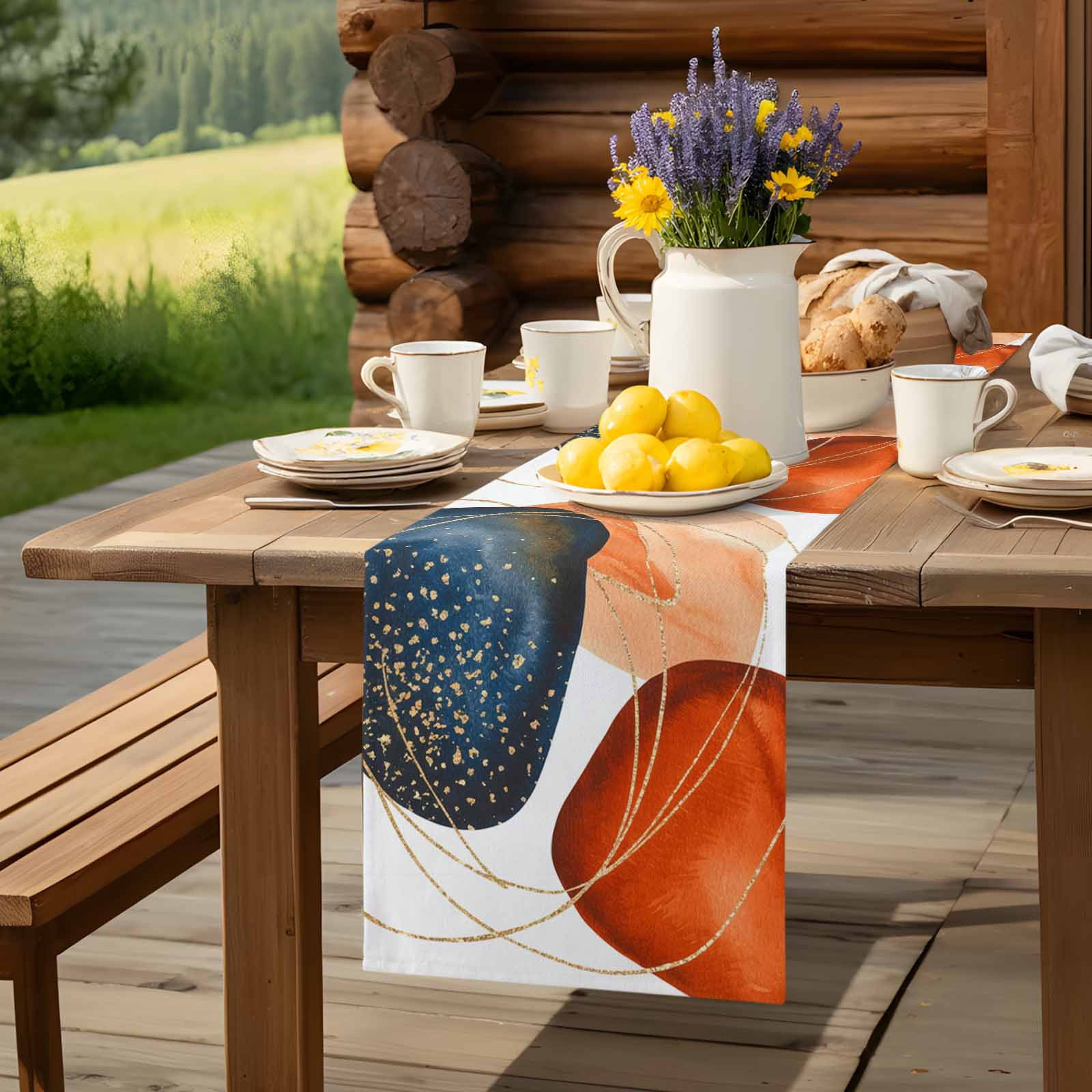 Abstract Boho Geometric Line Table Runner 60 Inch Long Ombre Navy Blue ...