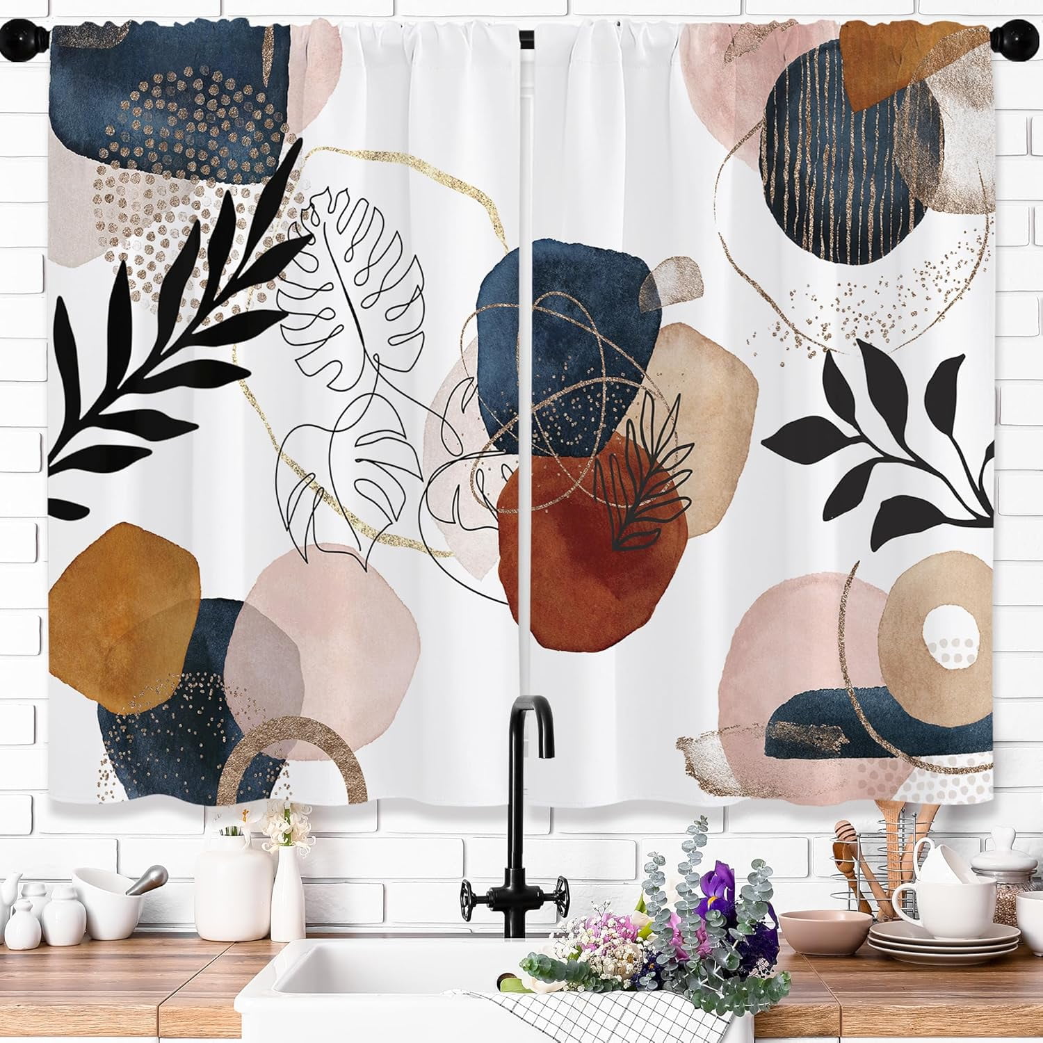 Abstract Boho Kitchen Curtains Navy Blue Gold Mid Century Bathroom ...