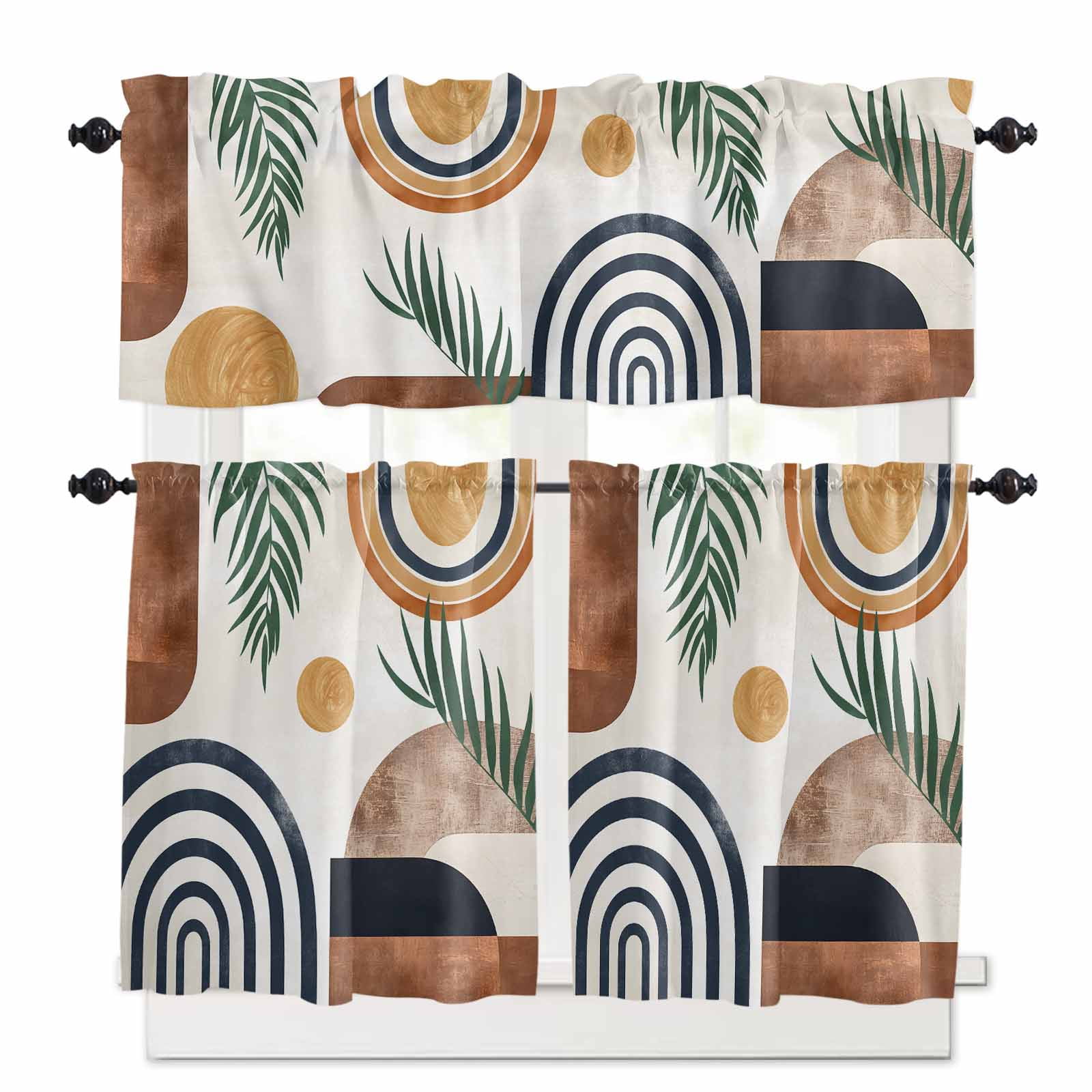 Abstract Boho Kitchen Curtains Set for Windows 3 Pieces,24 Inch Length ...