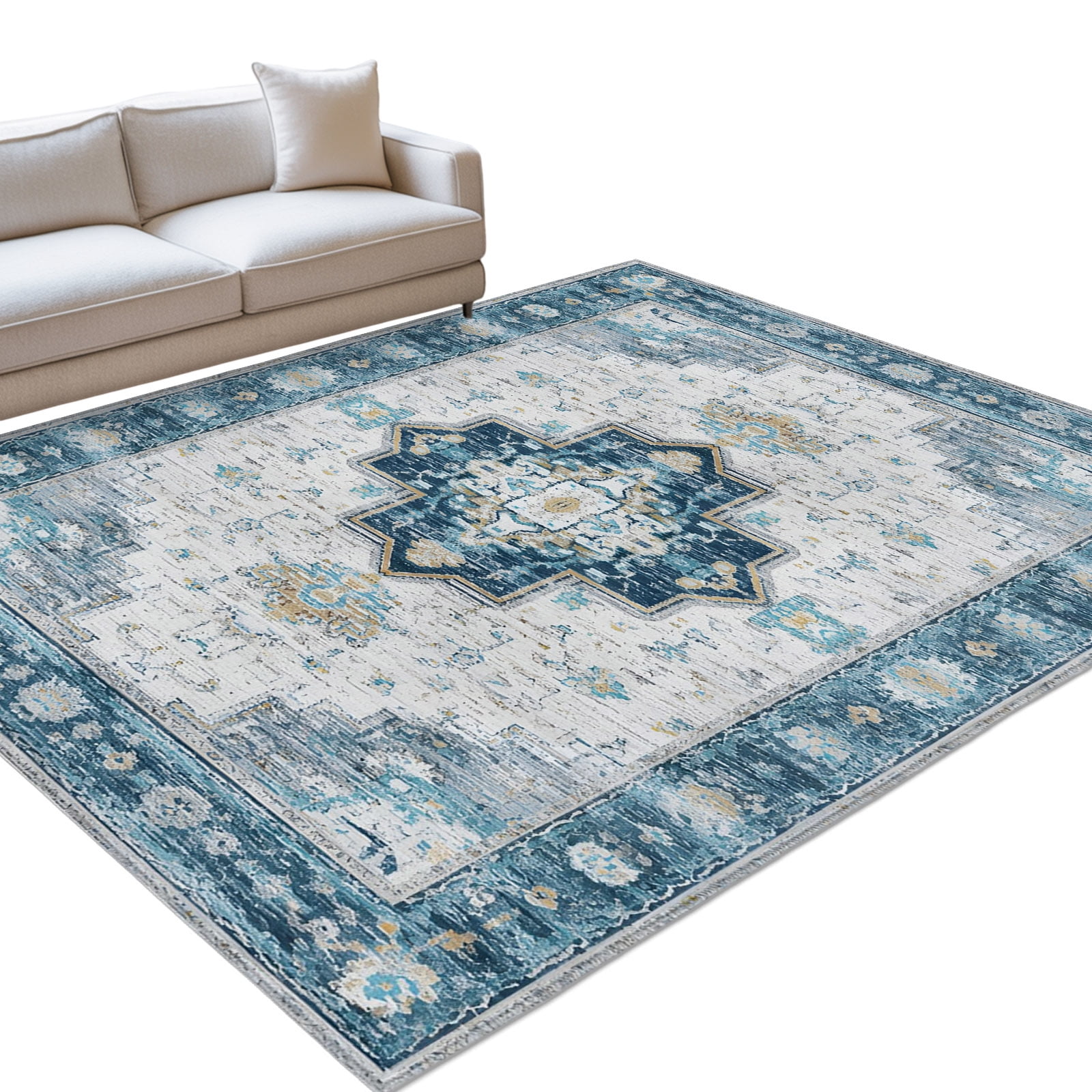 Abstract Boho Large Area Rugs 8x10ft Vintage Blue White Botanical ...