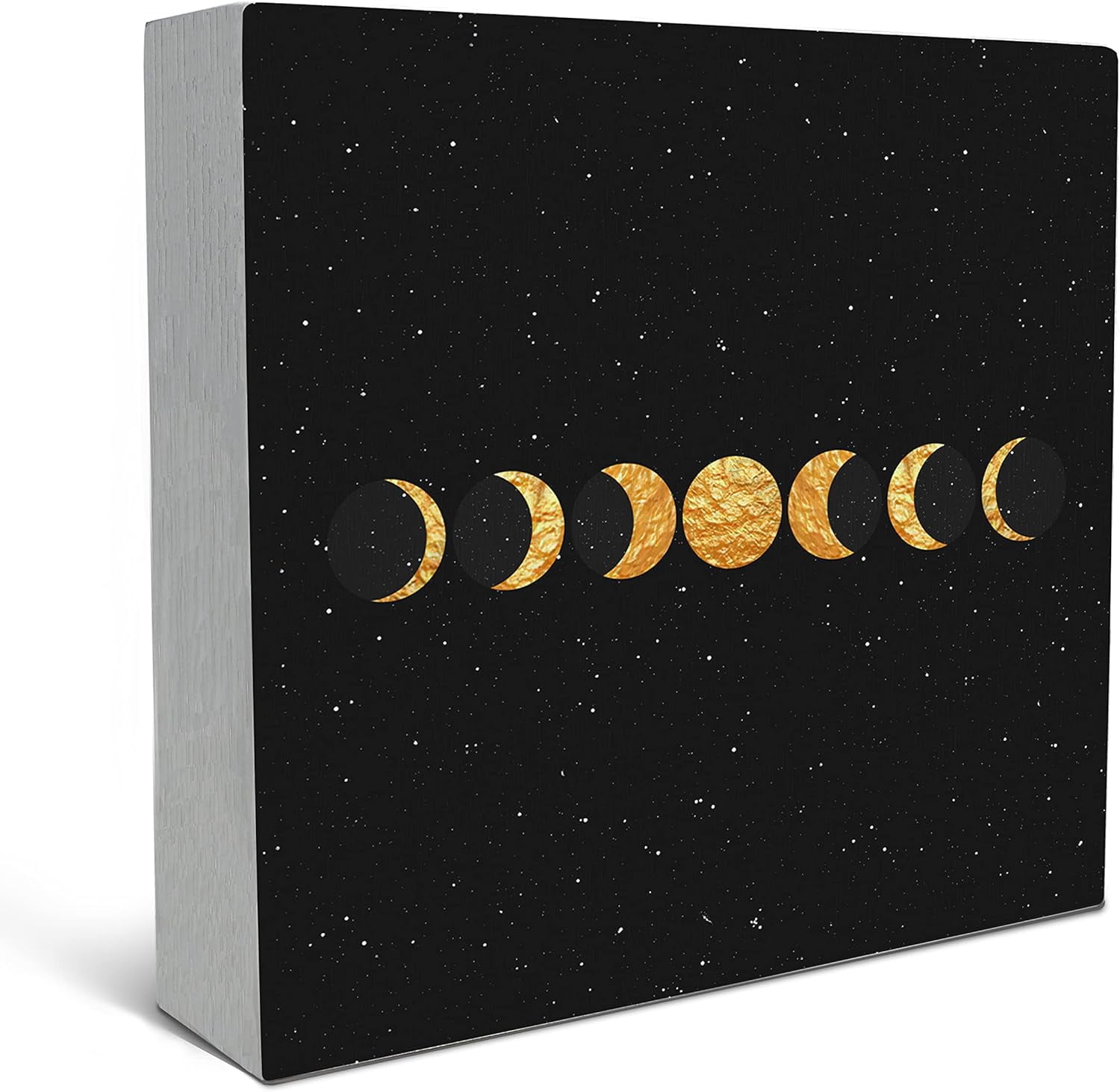 Abstract Boho Moon Phase Wood Box Sign Desk Decor，Bohemian Rustic Modern Celestial Wooden Block ...