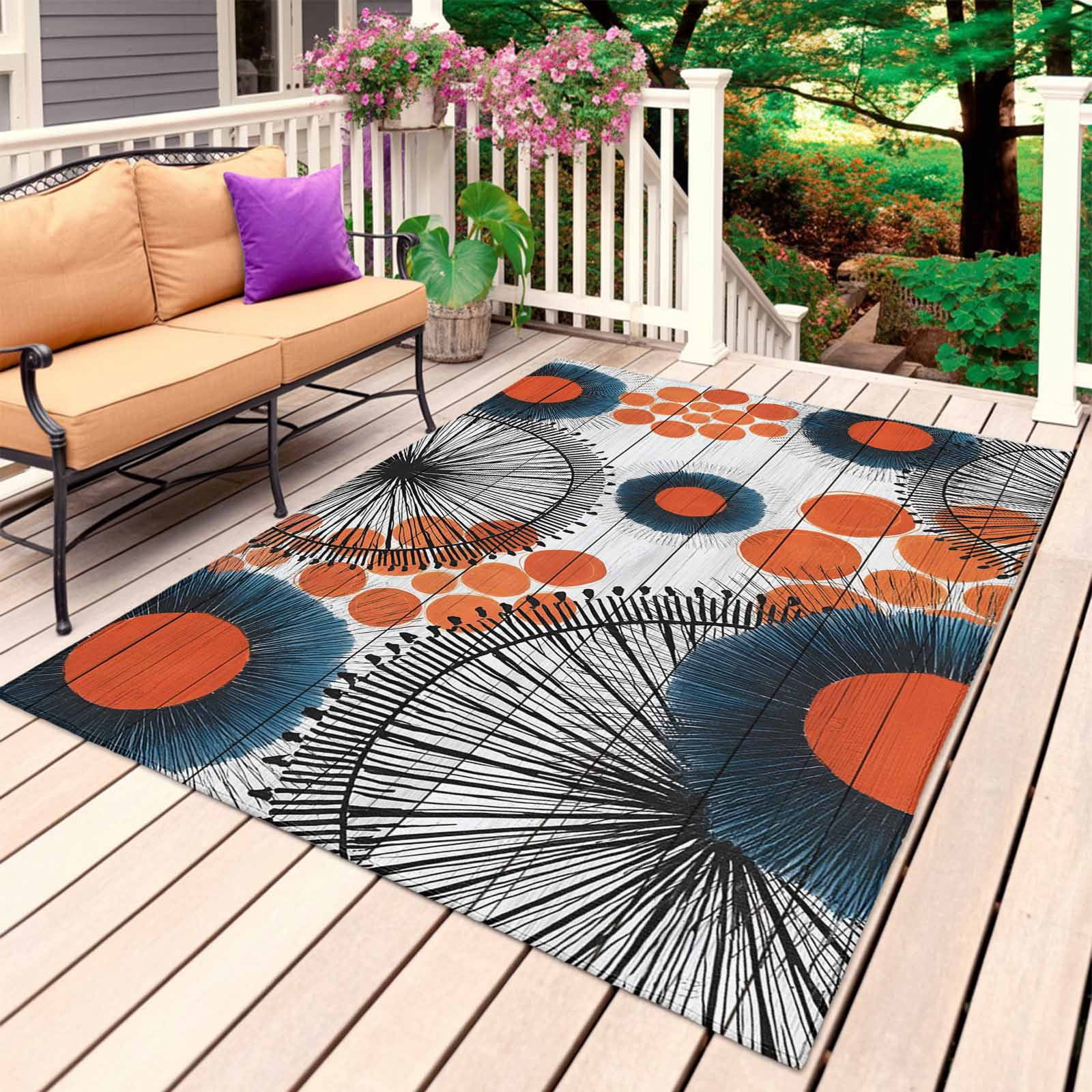 Abstract Boho Outdoor Rug for Patio/Deck/Porch, Non-Slip Large Area Rug ...