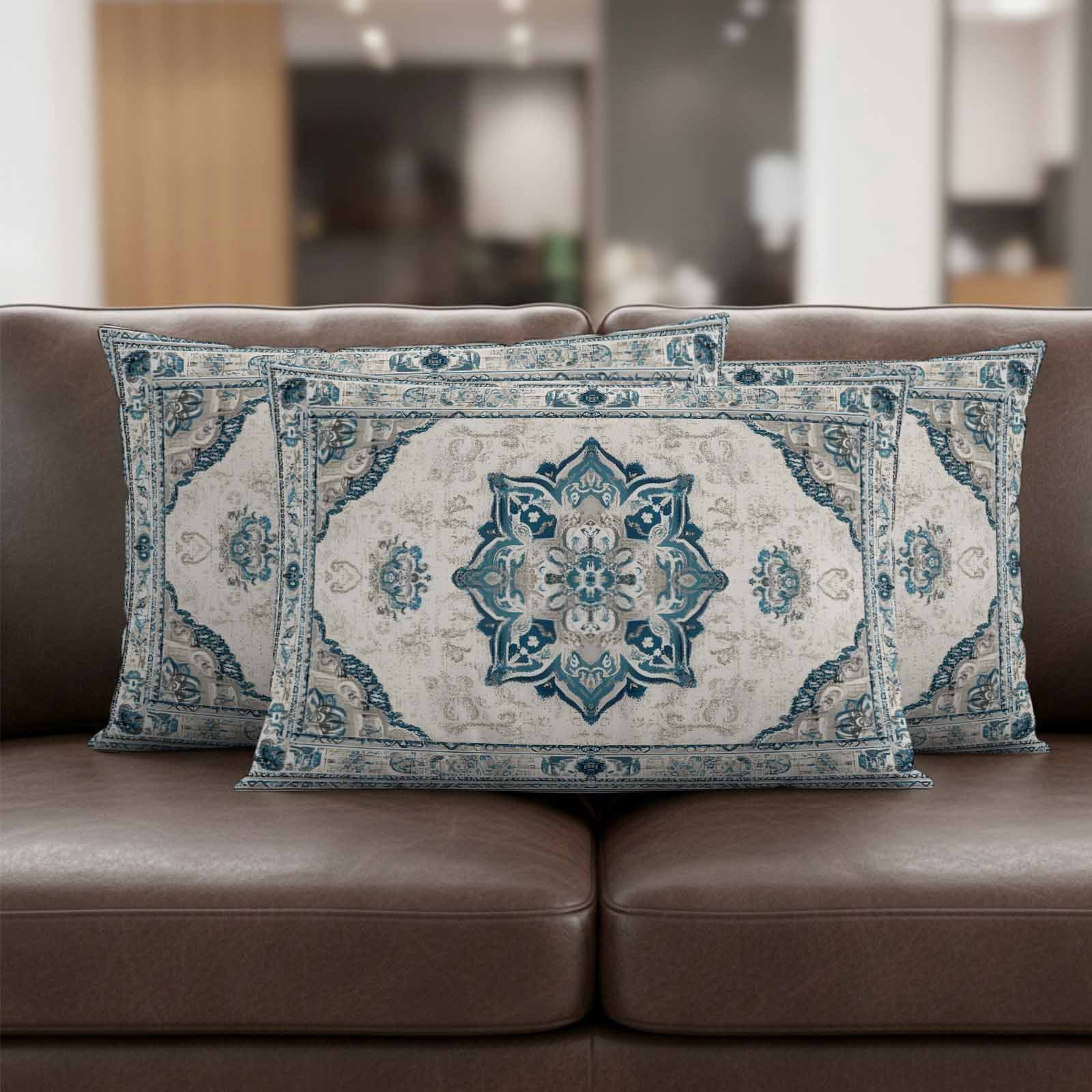 Abstract Boho Pillow Covers Set of 4, Vintage Blue Beige Botanical ...