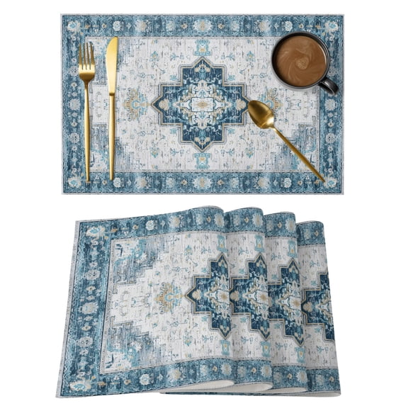 Abstract Boho Placemats Set of 6, Vintage Blue White Botanical Texture ...