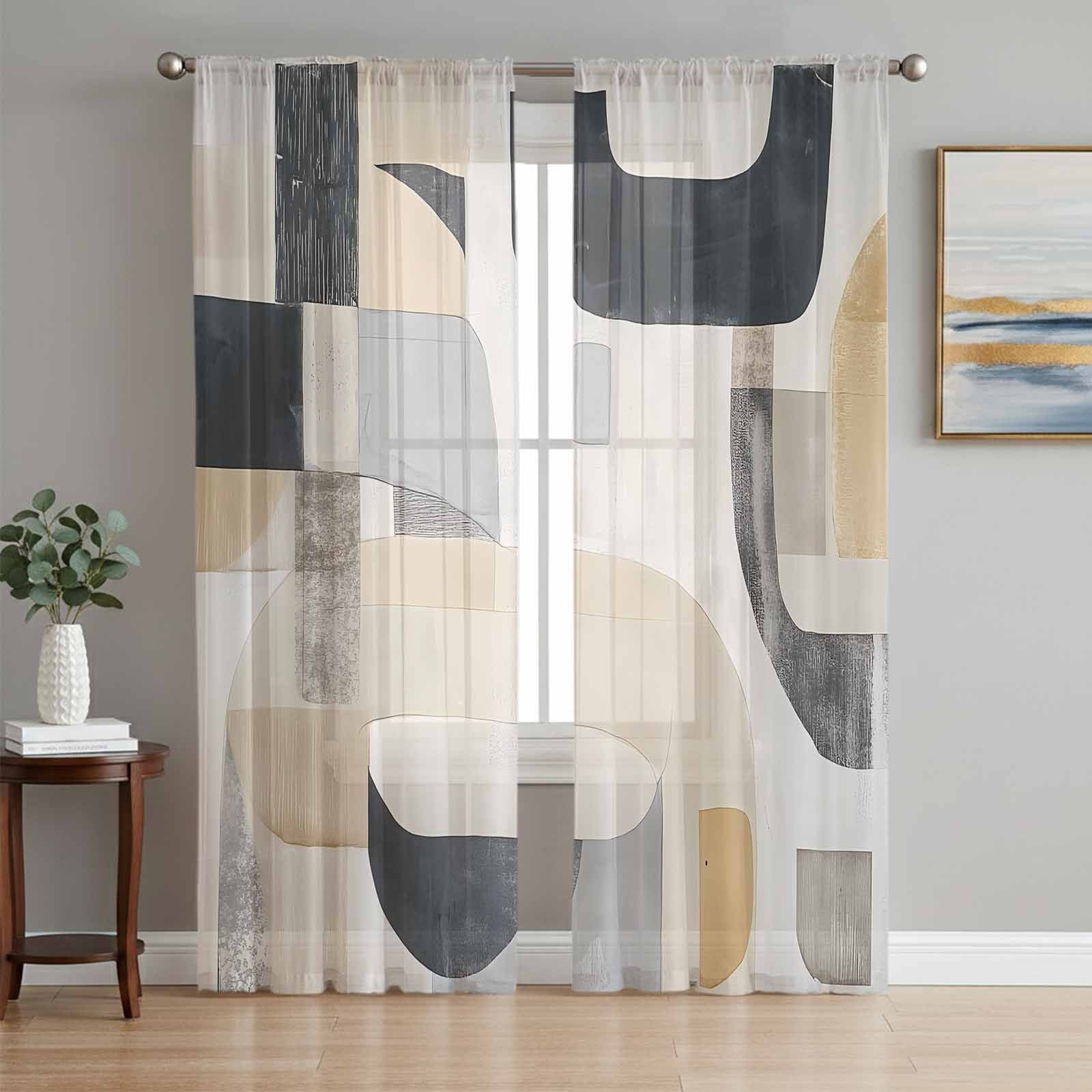 Abstract Boho Sheer Curtains 96 Inch Length 2 Panels Set, Modern Grey ...