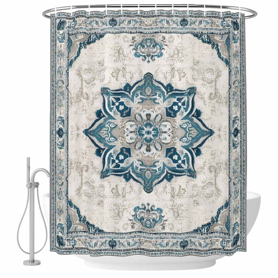 Abstract Boho Shower Curtain for Bathroom, Vintage Blue Beige Botanical ...