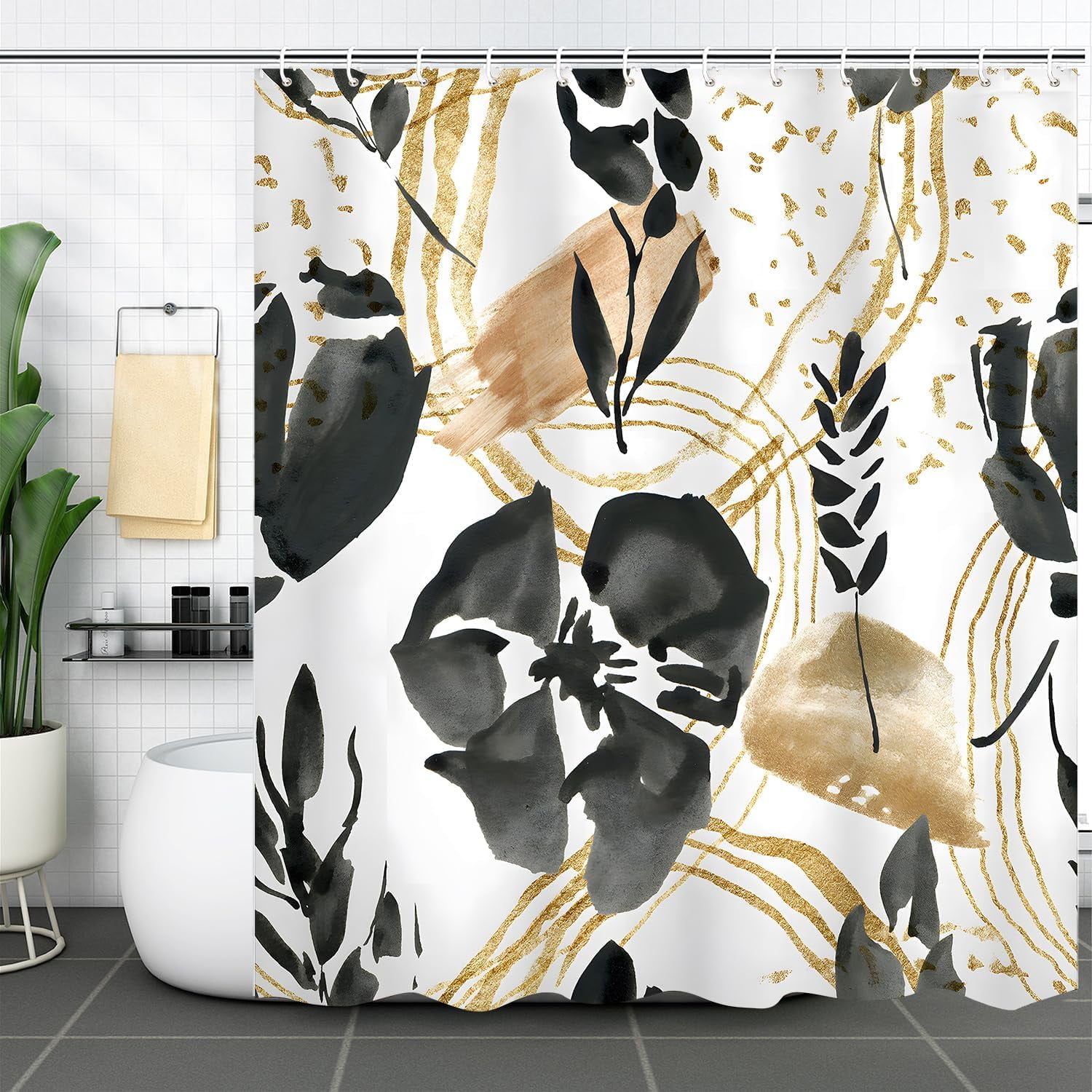 Abstract Boho Shower Curtain Mid Century Modern Shower Curtain Set Gold