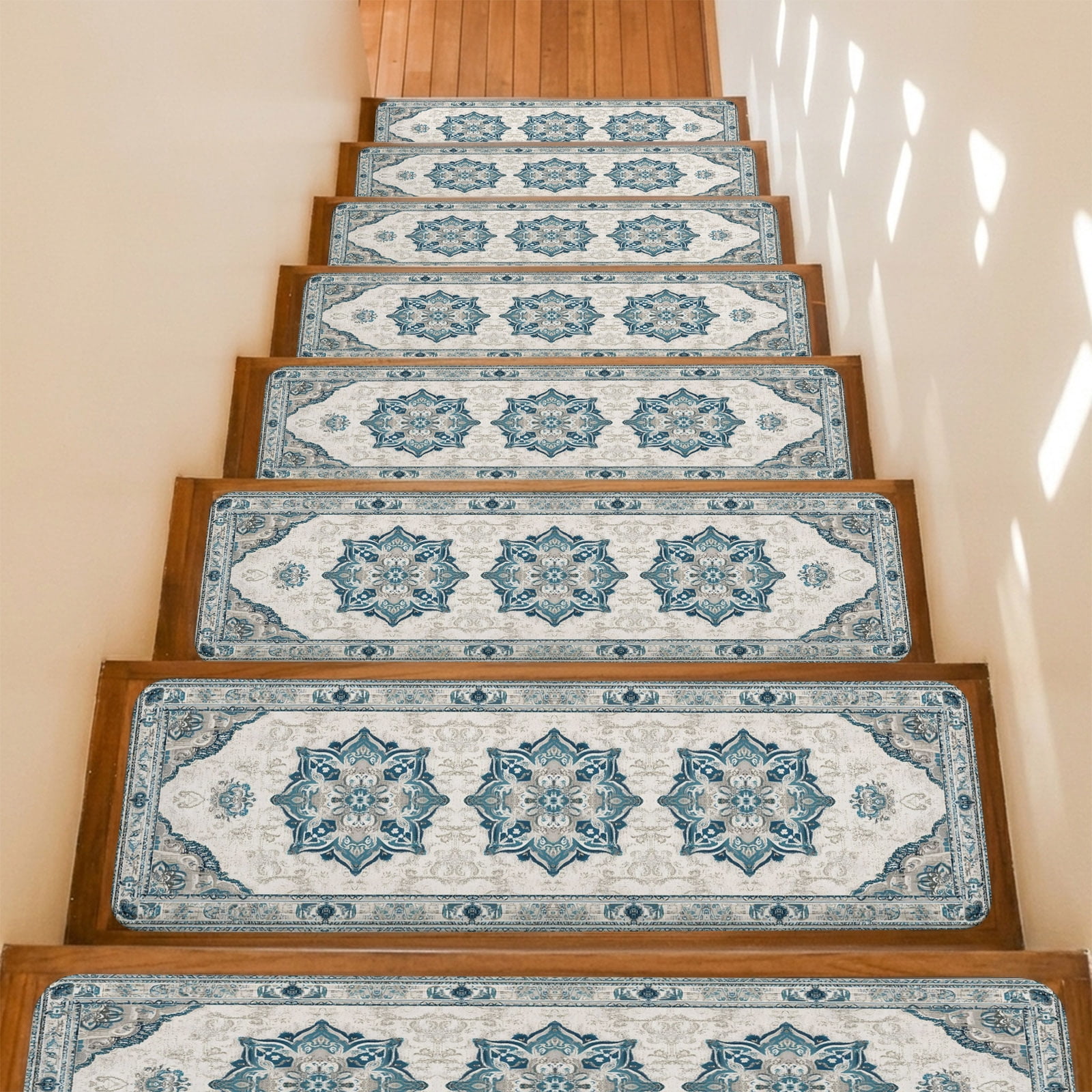 Abstract Boho Stair Treads Non Slip for Steps Vintage Blue Beige ...