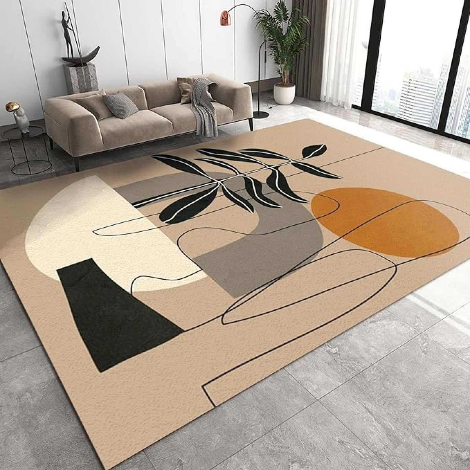 Abstract Boho Sun Art Kids Rugs, Mid-Century Palm Leaf Geometry Brown ...
