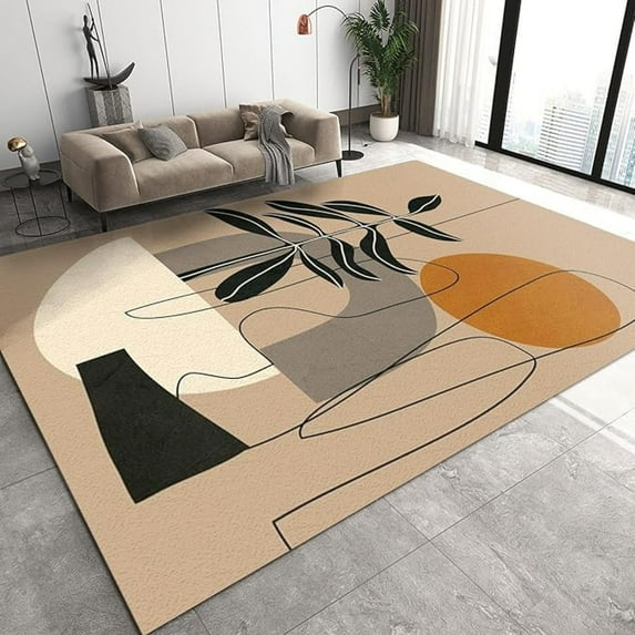 Abstract Boho Sun Art Kids Rugs, Mid-Century Palm Leaf Geometry Brown ...