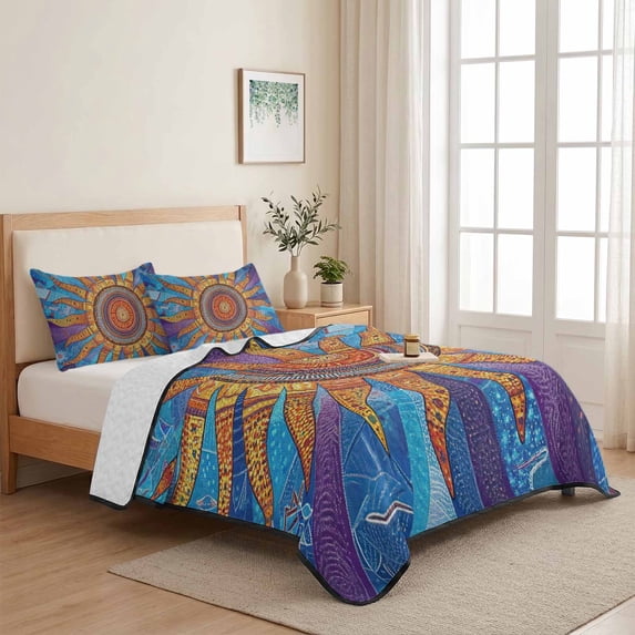 Abstract Boho Sun Floral 3 Pieces Quilt Set,1 Quilt with 2 Shams,Retro ...