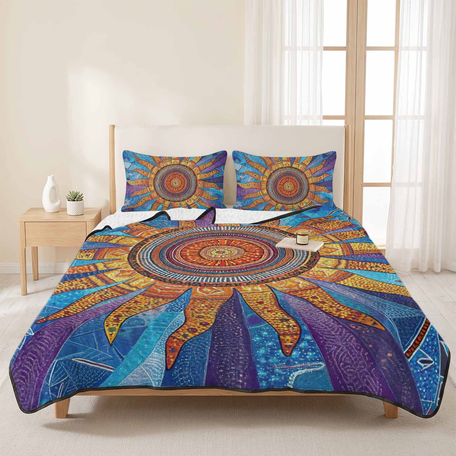 Abstract Boho Sun Floral 3 Pieces Quilt Set,1 Quilt with 2 Shams,Retro ...