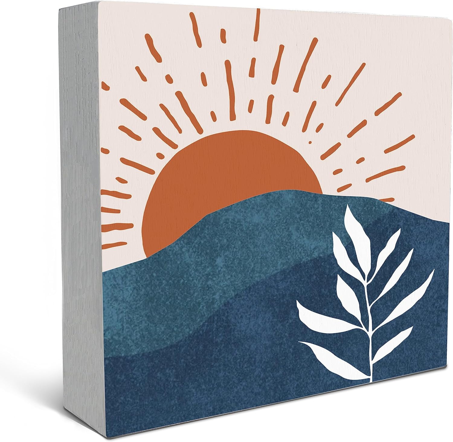 Abstract Boho Sun Sunshine Navy Mountain Botanical Leaf Wood Box Sign ...