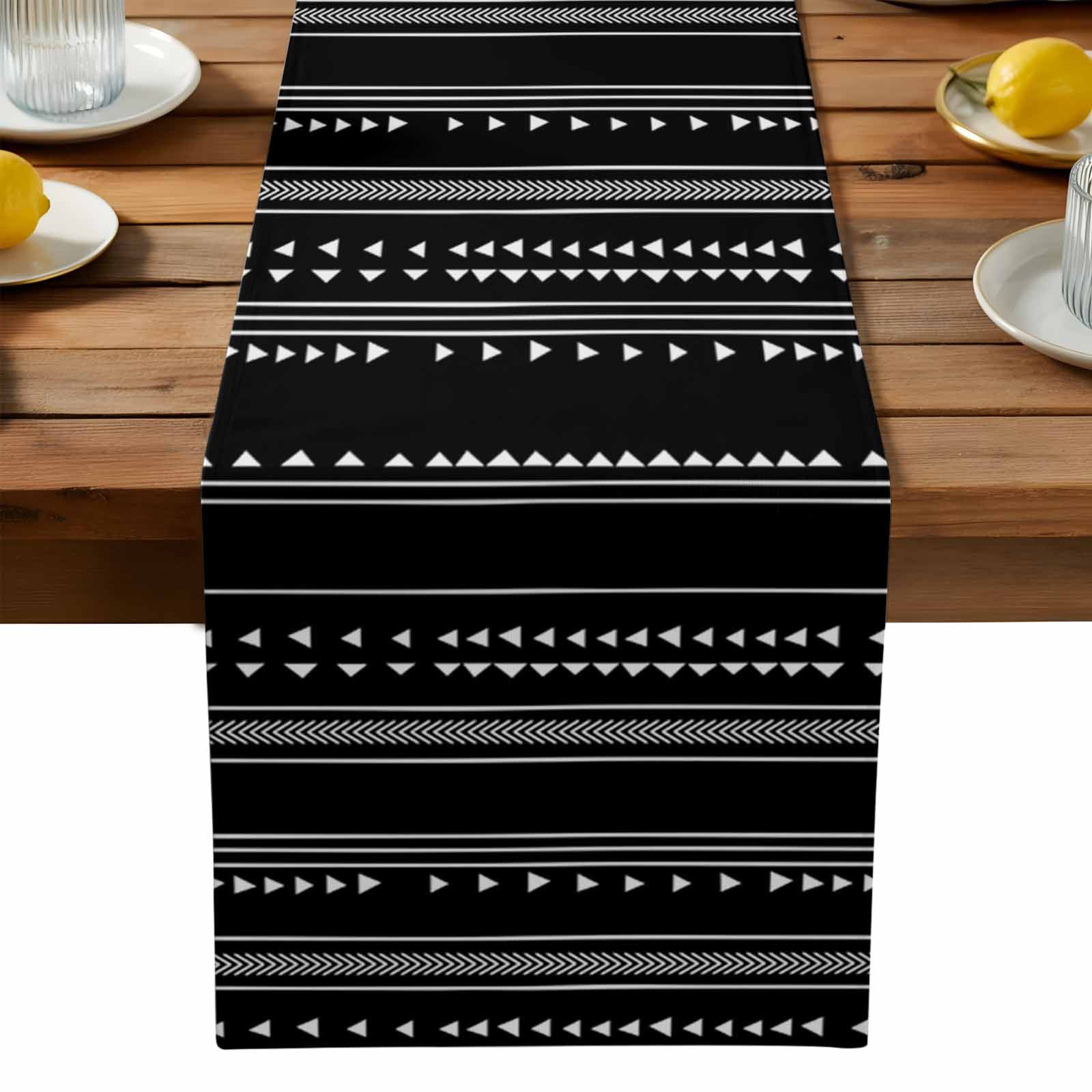 Abstract Boho Table Runner, Minimalist Black White Striped Triangle ...