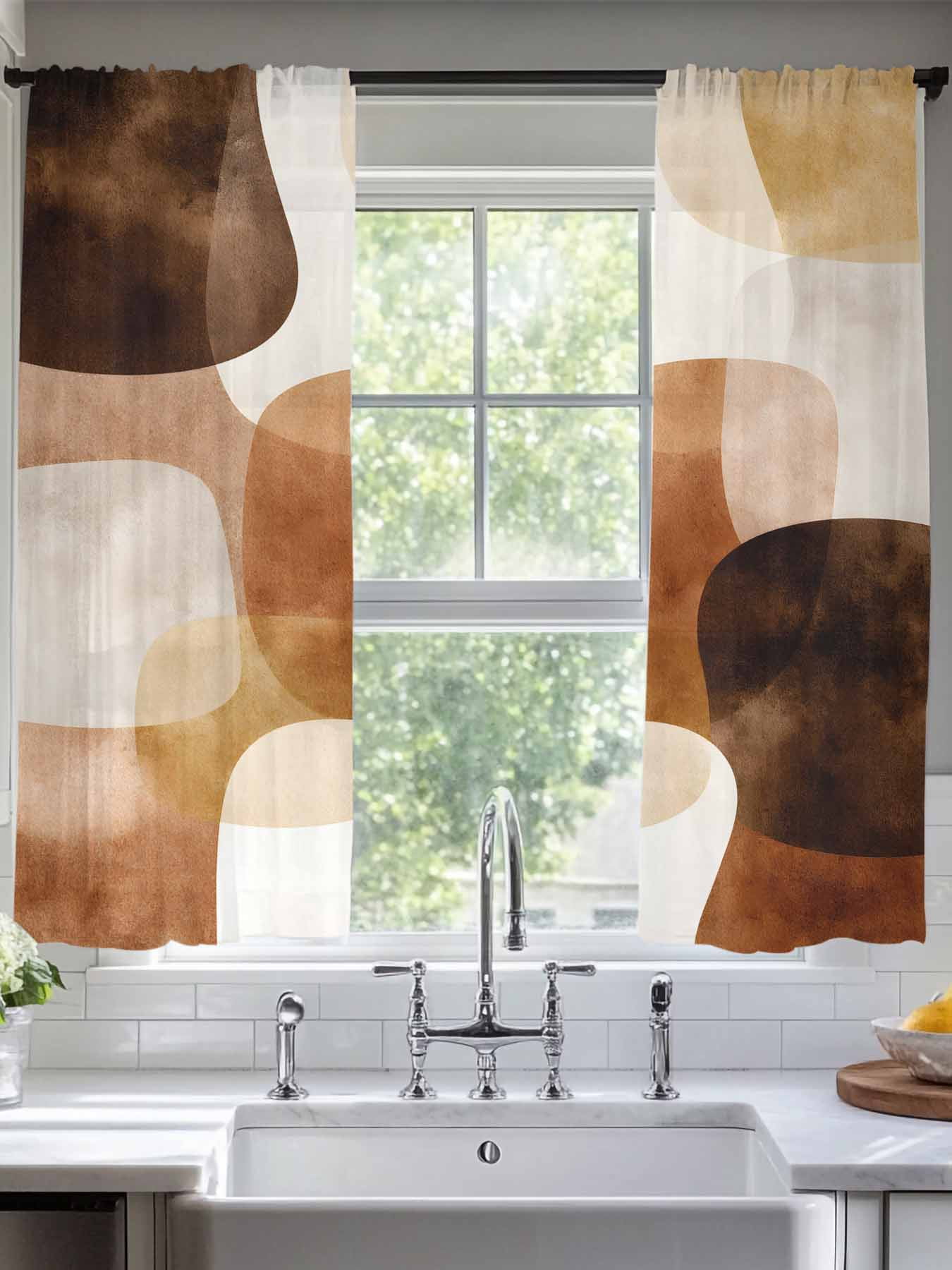 Abstract Boho Terracotta Brown Color Block Chiffon Sheer Curtains 72 ...