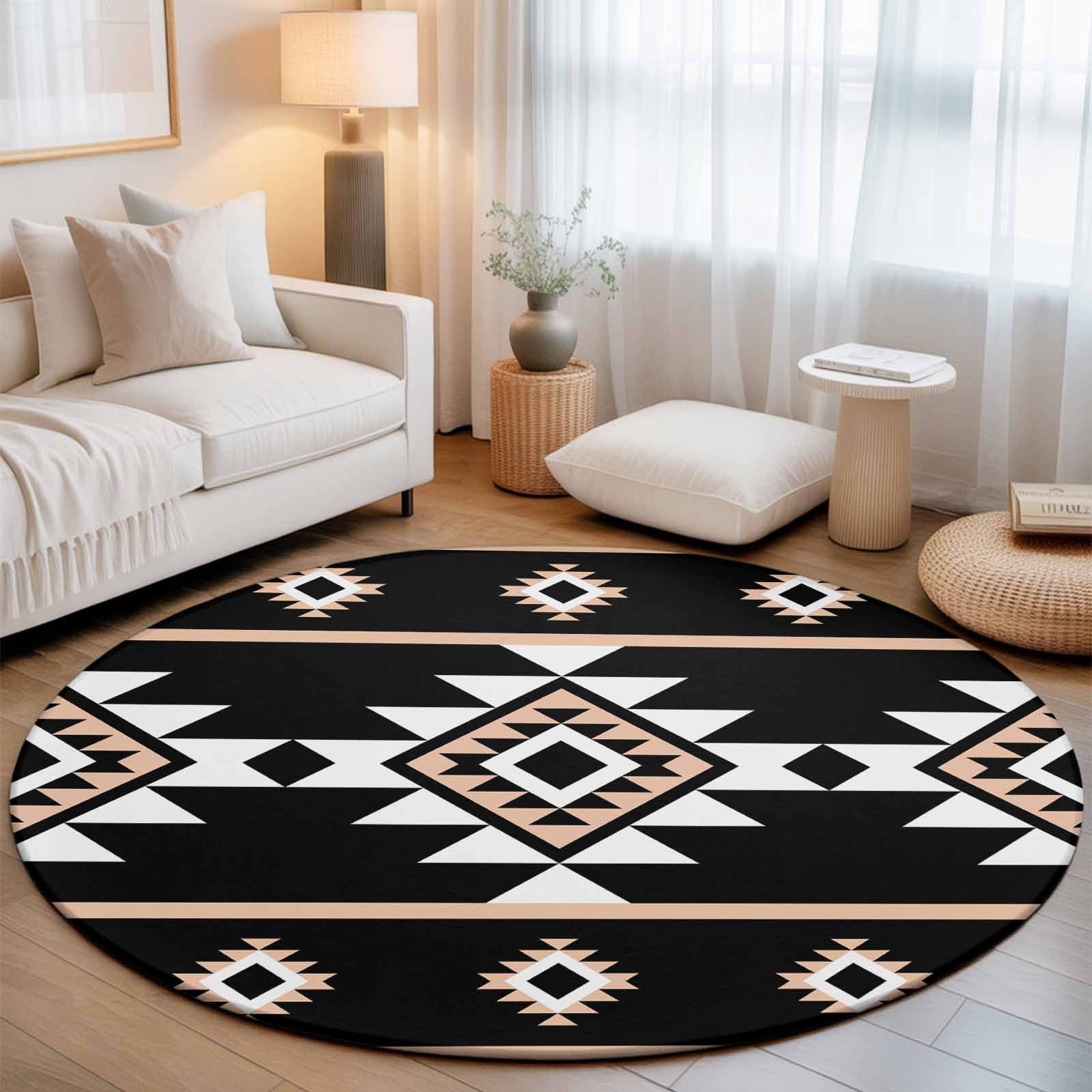 Abstract Boho Tribal Geometric Round Rug 5ft Retro Ethnic Aztec Pattern ...