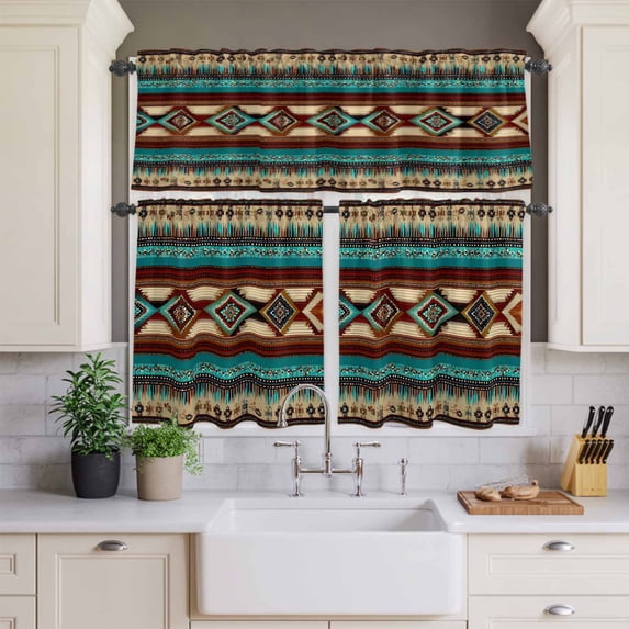 Abstract Boho Vintage Ethnic Curtain Tier and Valance Set 3 Piece ...