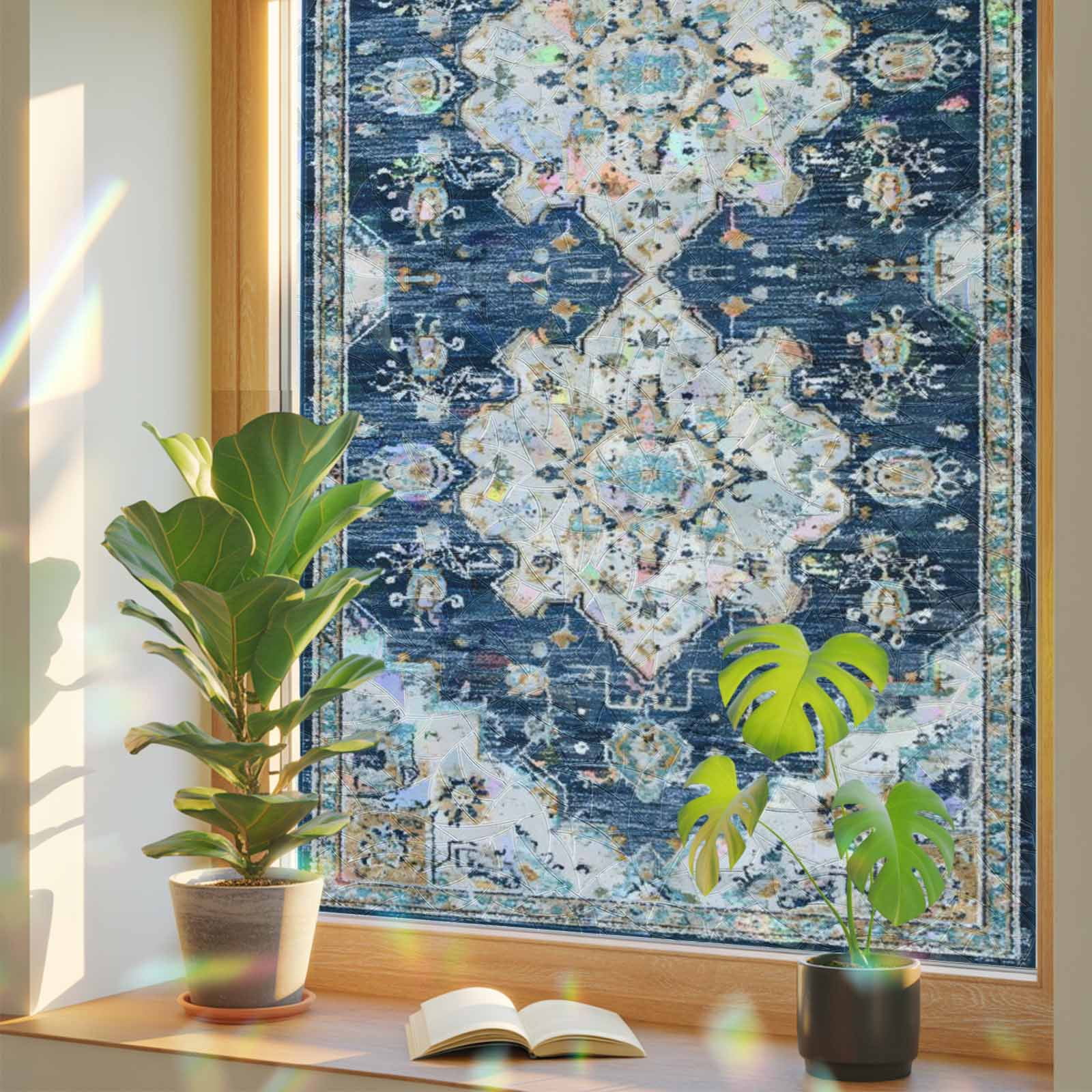 Abstract Boho Window Privacy Film, Vintage Deep Blue Beige Botanical ...
